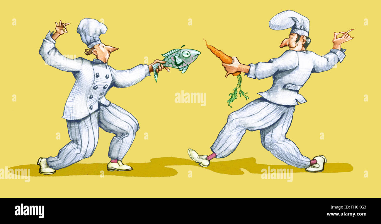 two chefs are fighting a duel with a fish and a carrot Stock Photo - Alamy