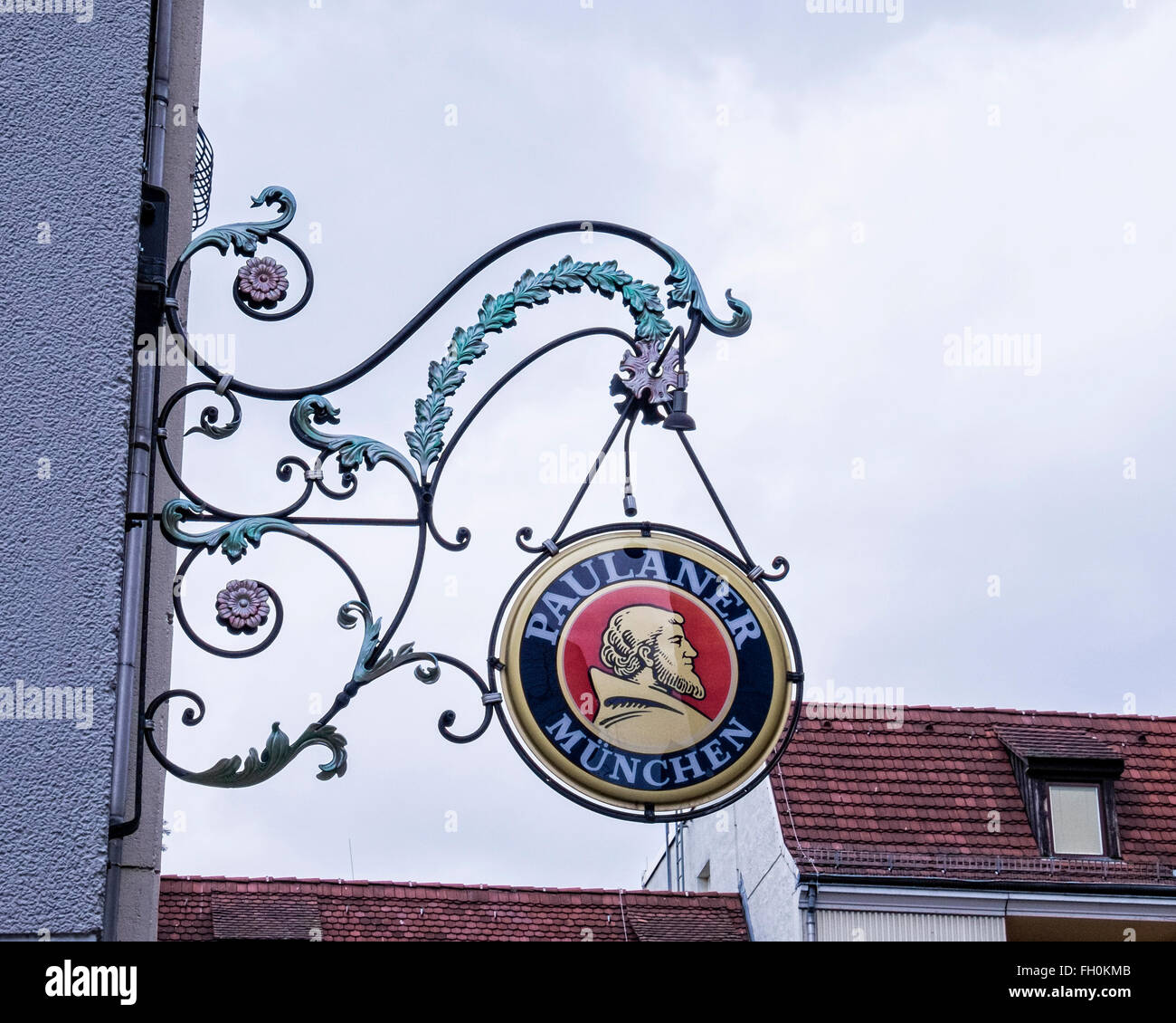 Decorative wrought iron pub sign in the Nikolaiviertel, Berlin Old Town ...