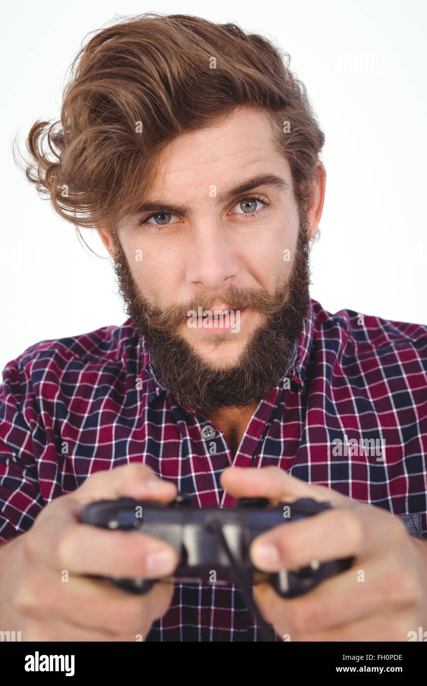 Portrait of hipster playing video game Stock Photo - Alamy