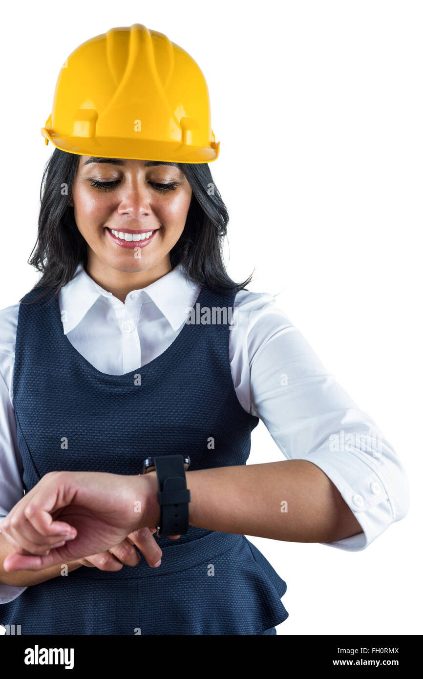 Smiling architect wearing her safety hat Stock Photo - Alamy Smiling architect wearing her safety hat Stock Photo - Alamy