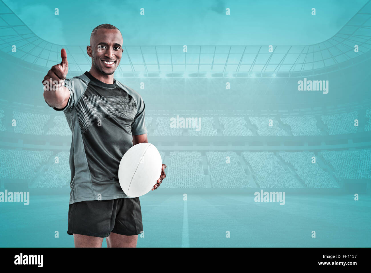 Composite image of portrait of confident rugby player smiling and ...