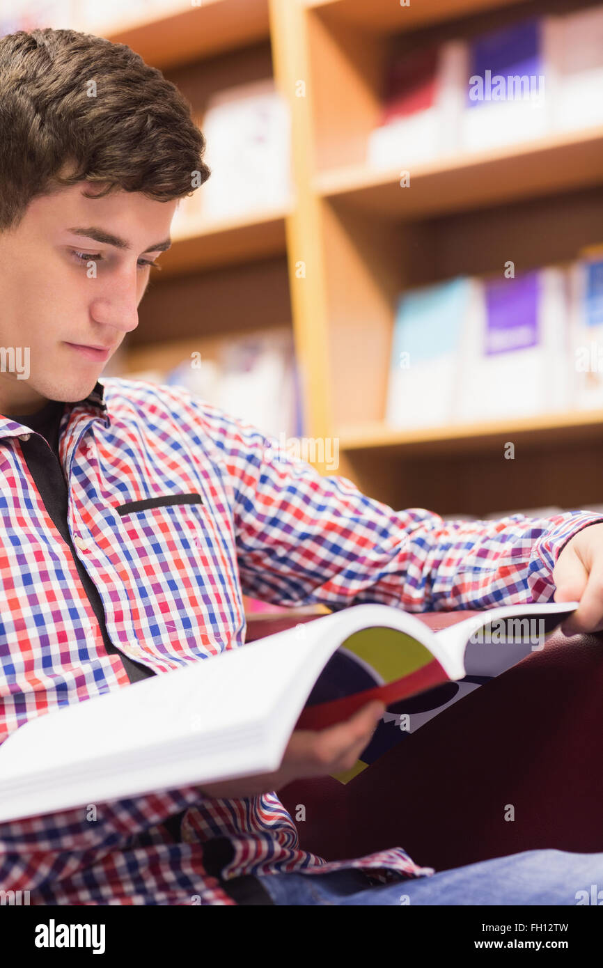 Concentrated man reading book in library Stock Photo - Alamy