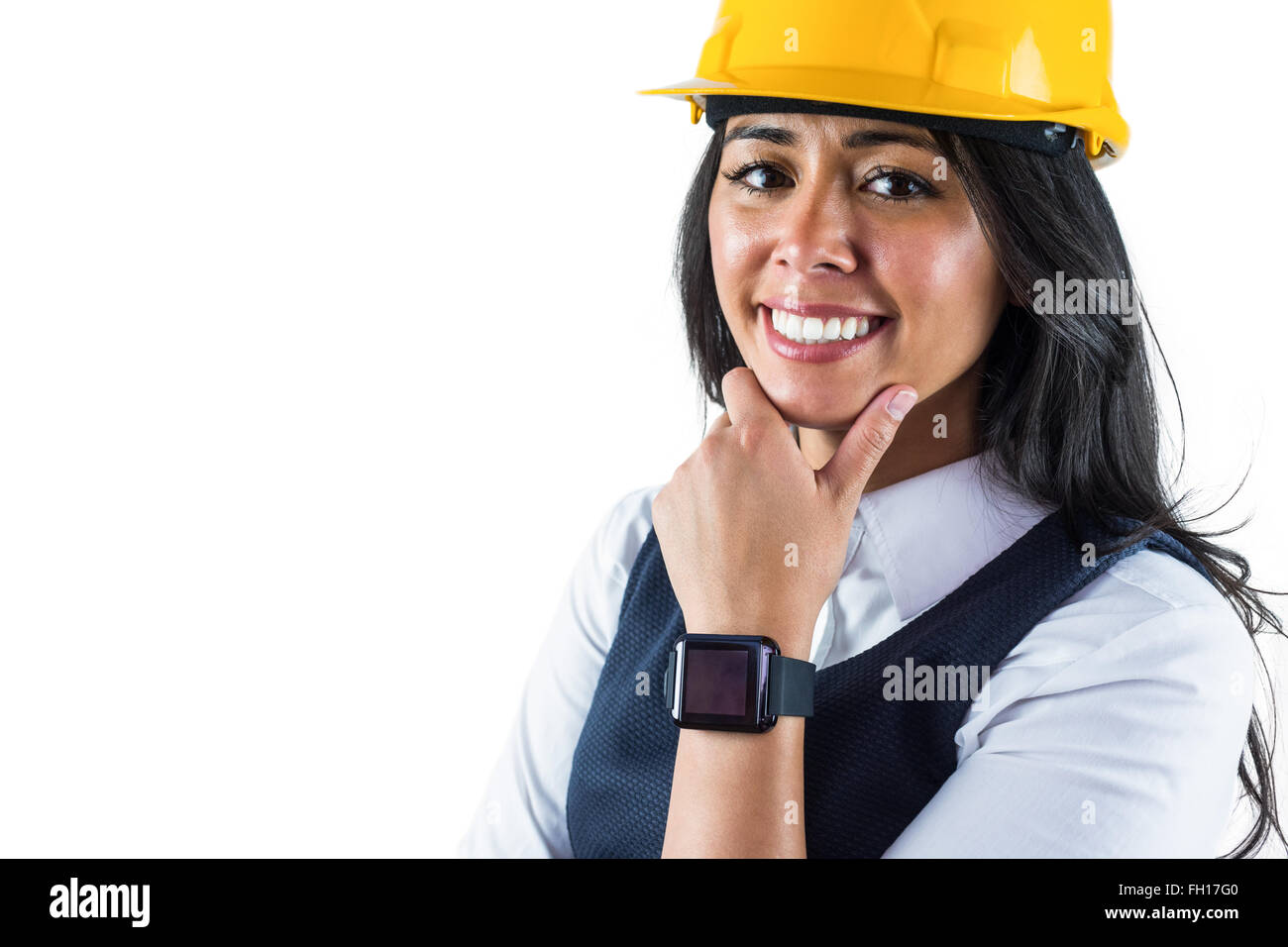 Smiling architect wearing her safety hat Stock Photo - Alamy Smiling architect wearing her safety hat Stock Photo - Alamy