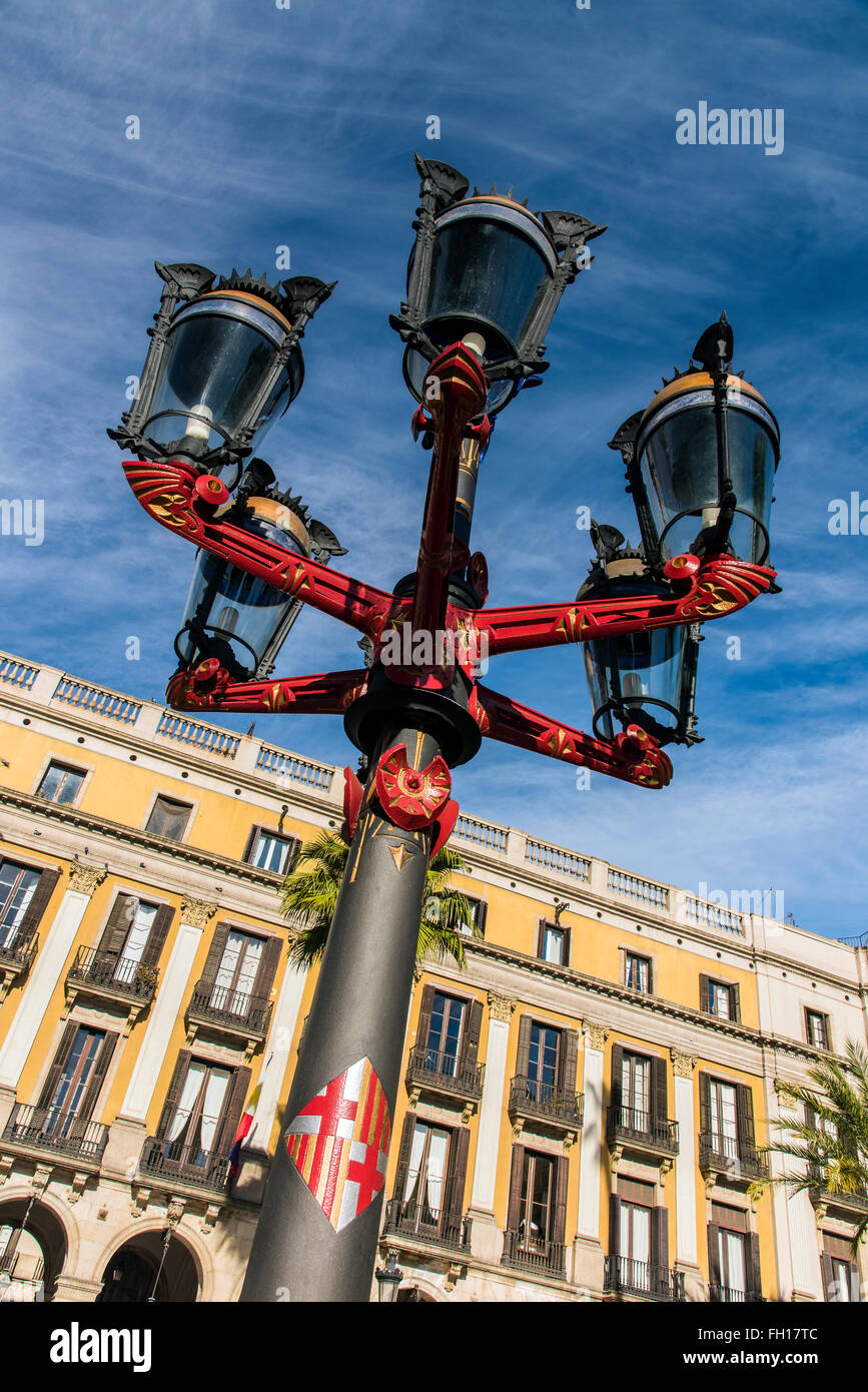 Street lamp designed by Antoni Gaudi in Plaza Real or Placa Reial ...