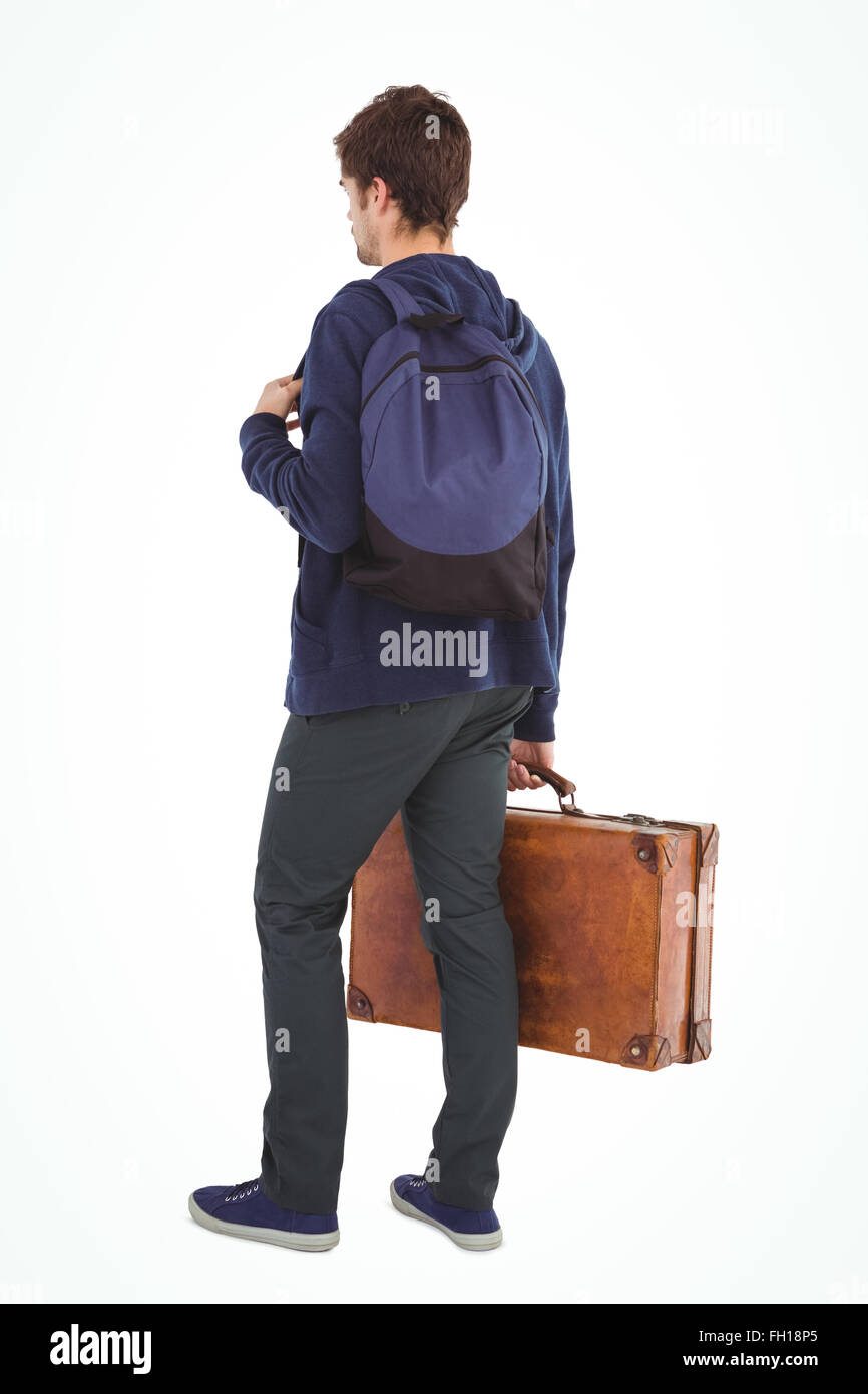 Rear view of man with backpack and briefcase Stock Photo - Alamy