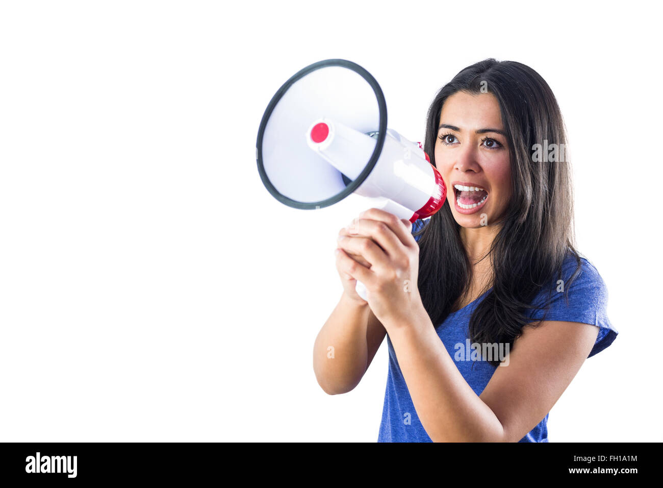 Woman shouting into a megaphone Stock Photo - Alamy