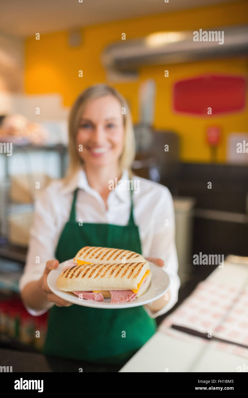Female shop owner serving sandwich Stock Photo - Alamy