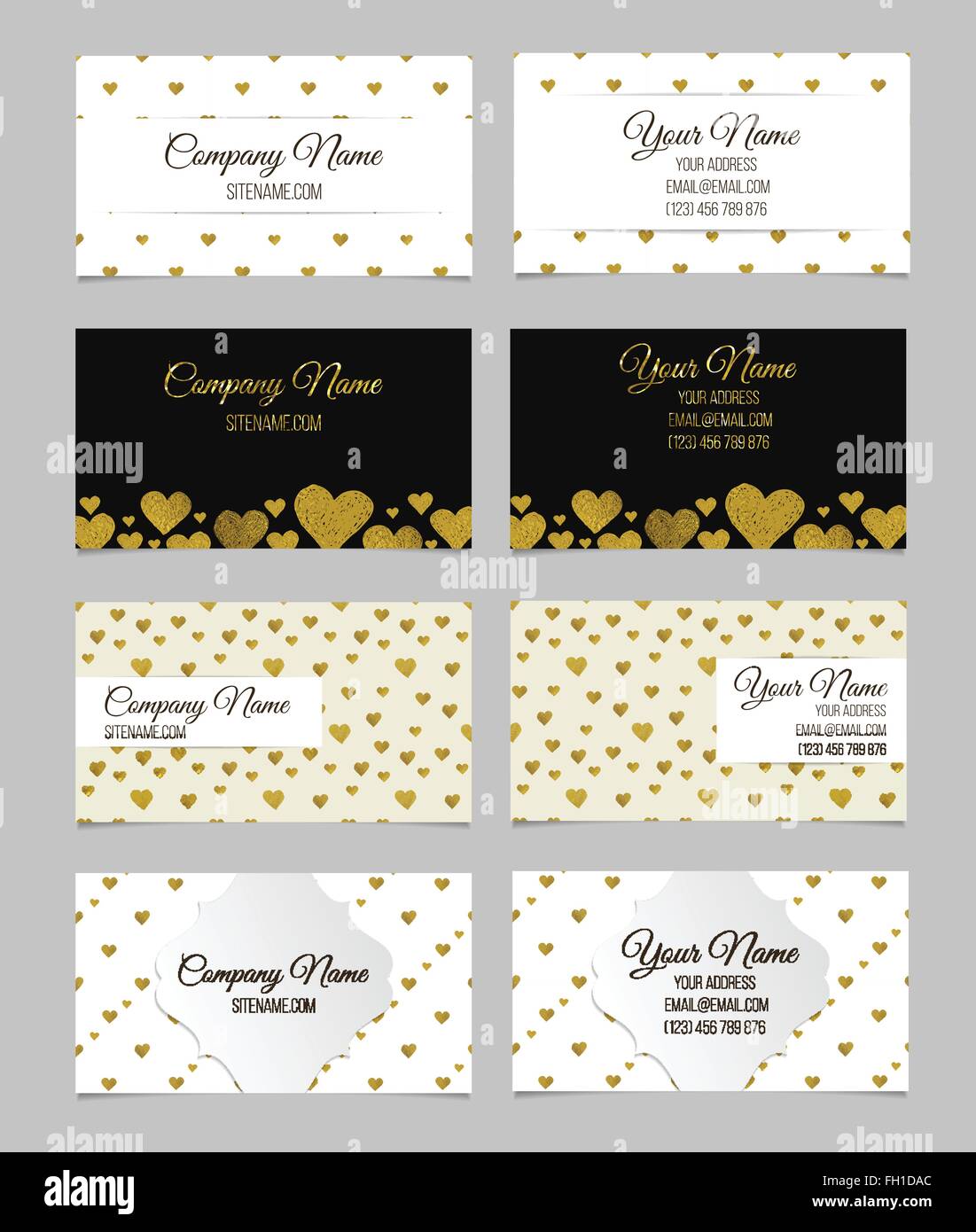 Business card template or visiting card set with golden foil heart ...