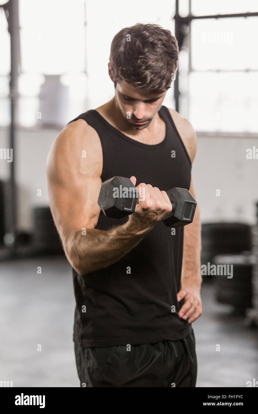Focused handsome man lifting dumbbell Stock Photo - Alamy