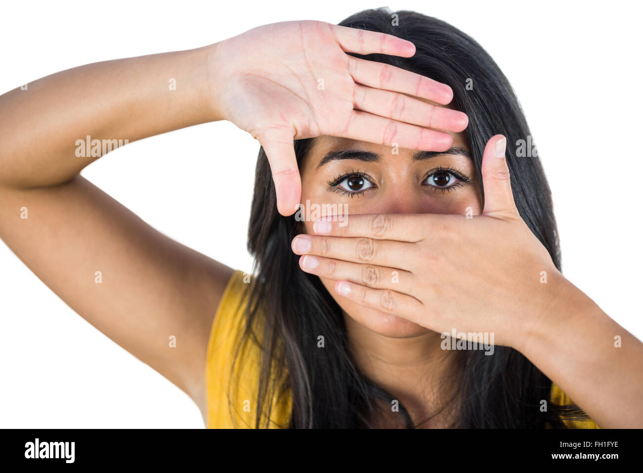 Woman using hands to make a box shape Stock Photo - Alamy