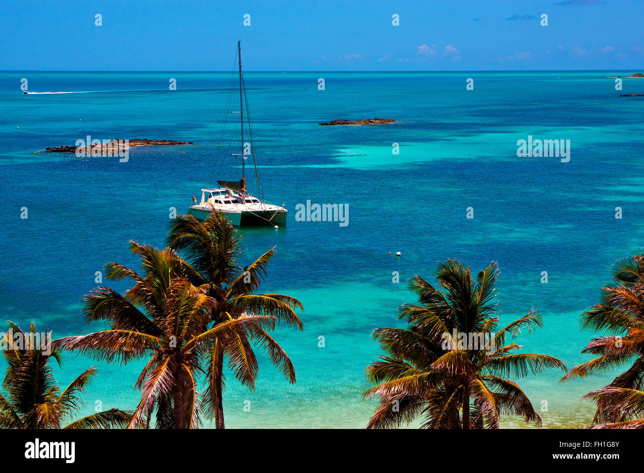 costline boat catamaran in the blue lagoon relax of isla contoy mexico ...