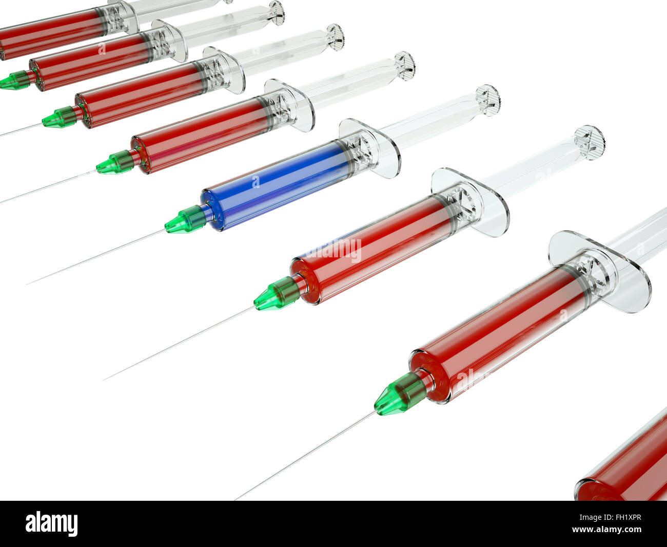 Red syringe among blue ones as right medical choice on white Stock ...