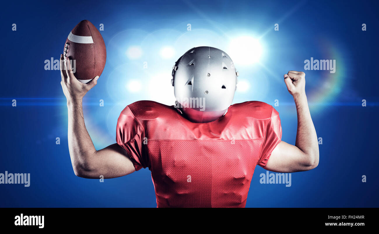 Composite image of rear view of american football player cheering while ...