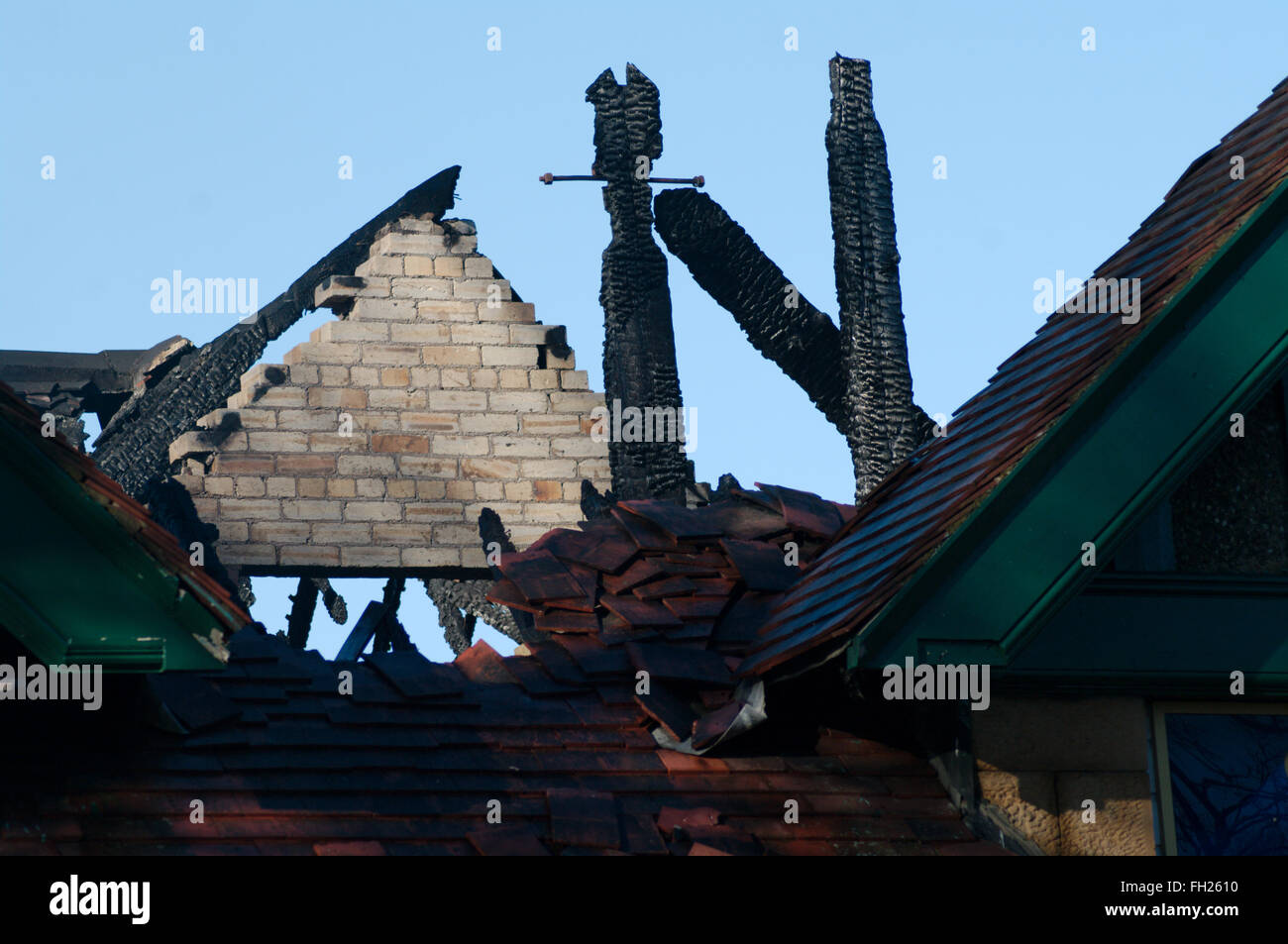 Winlaton, Gateshead, UK. 23 February 2016. Burnt roof timbers at St ...