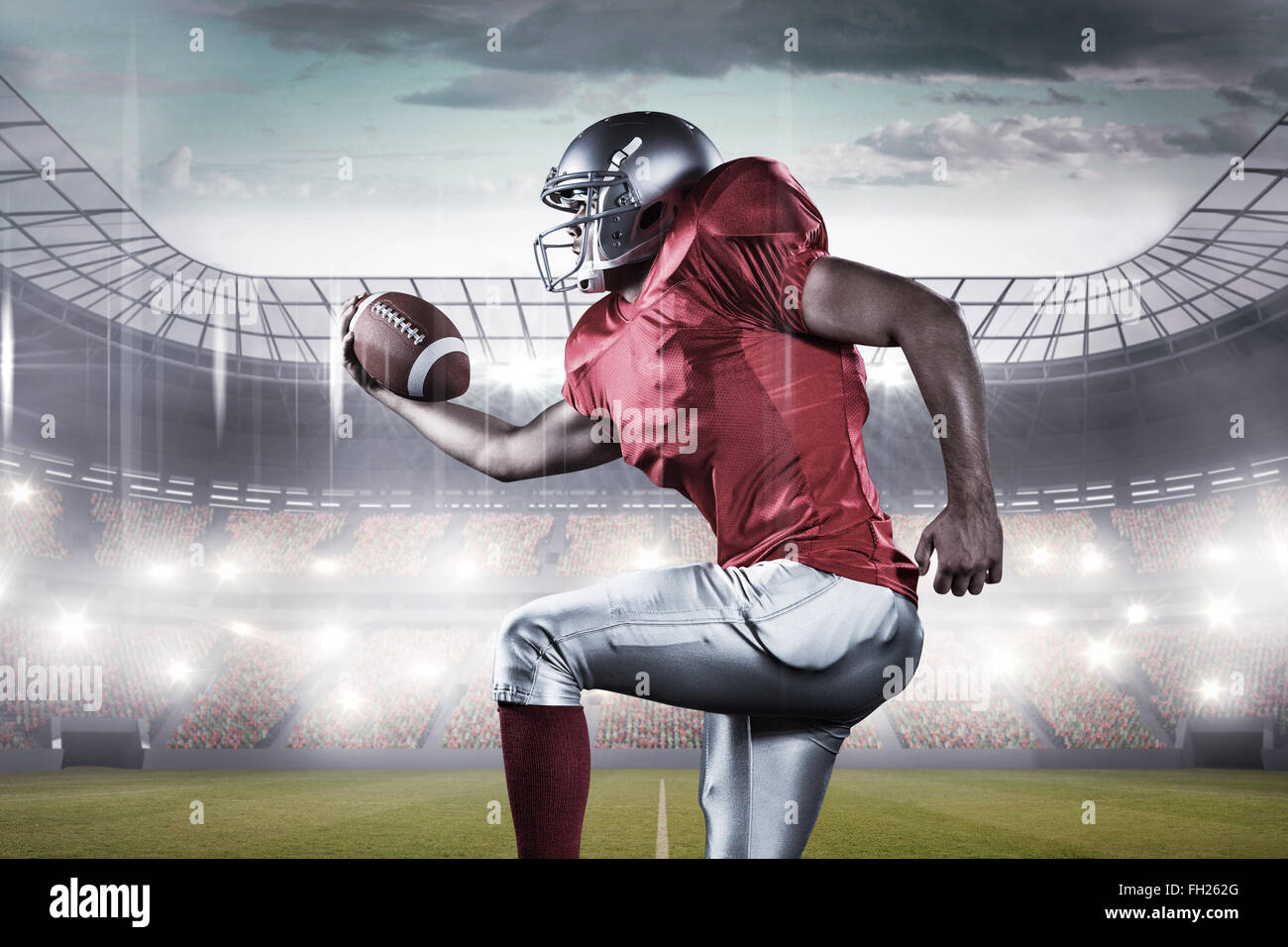 Composite image of side view of american football player running while ...