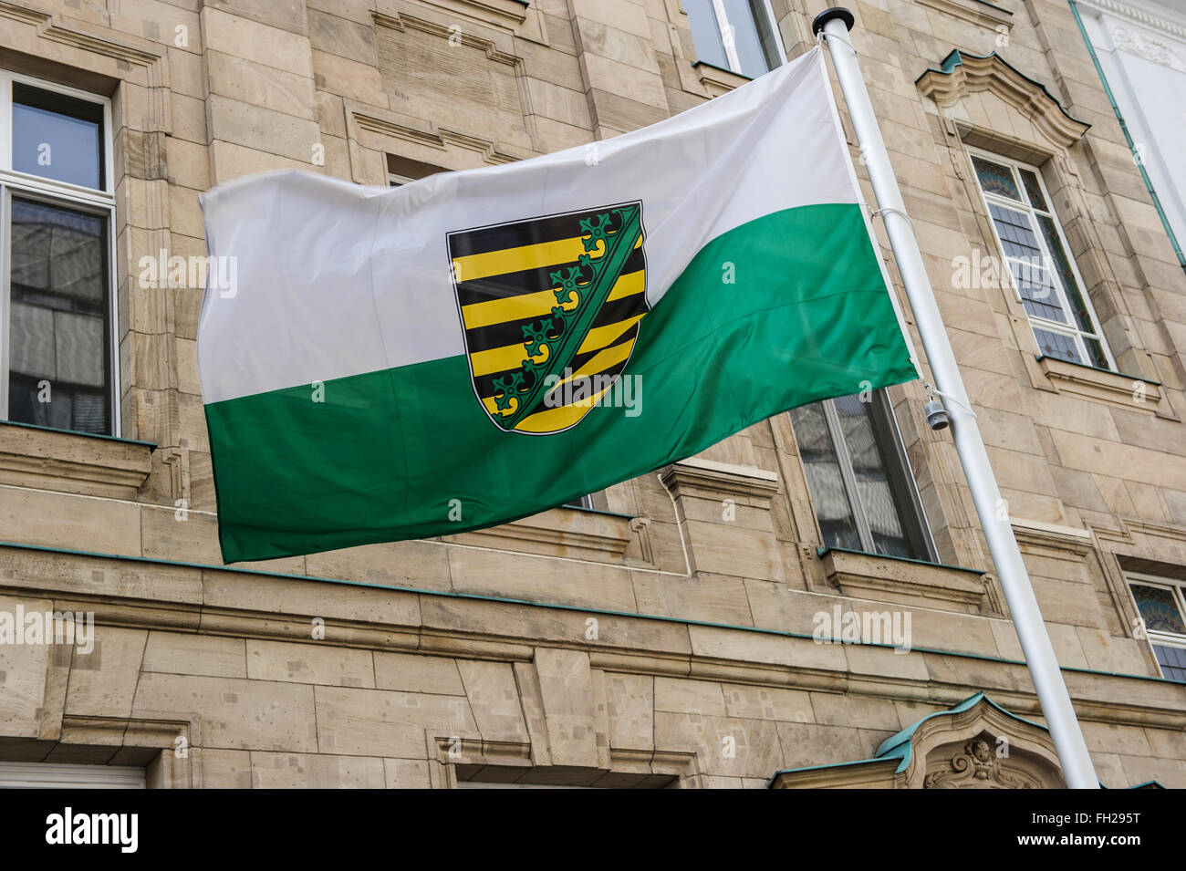 The Saxon state flag pictured in front of the Saxon state ...