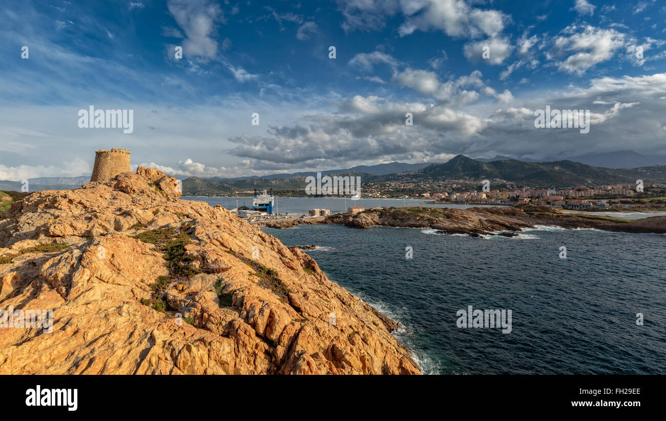 Genoese tower looking out over the town of Ile Rousse from La Pietra in ...