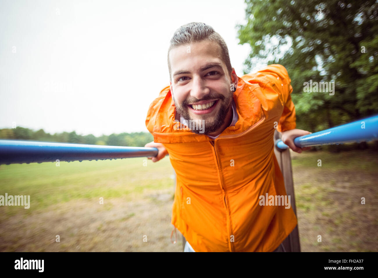 Man having fun on a hike Stock Photo - Alamy