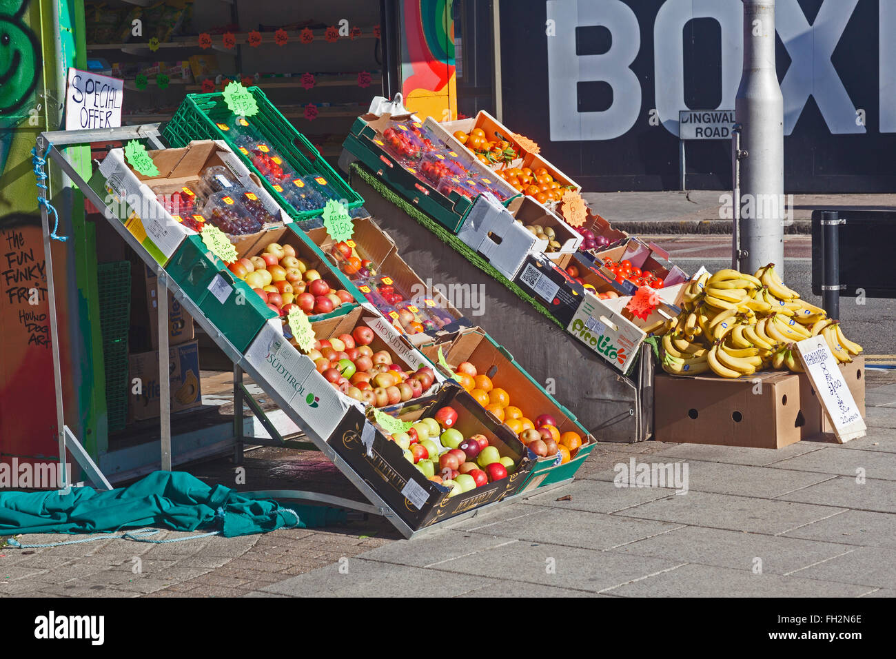 A display of fruit on sale at a makeshift stall in Croydon Stock Photo ...