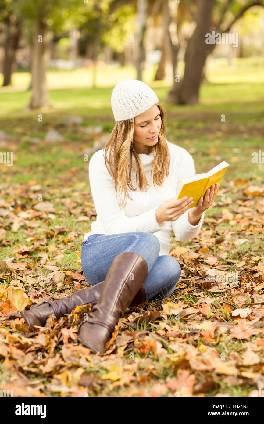 Smiling pretty woman reading a book in leaves Stock Photo - Alamy