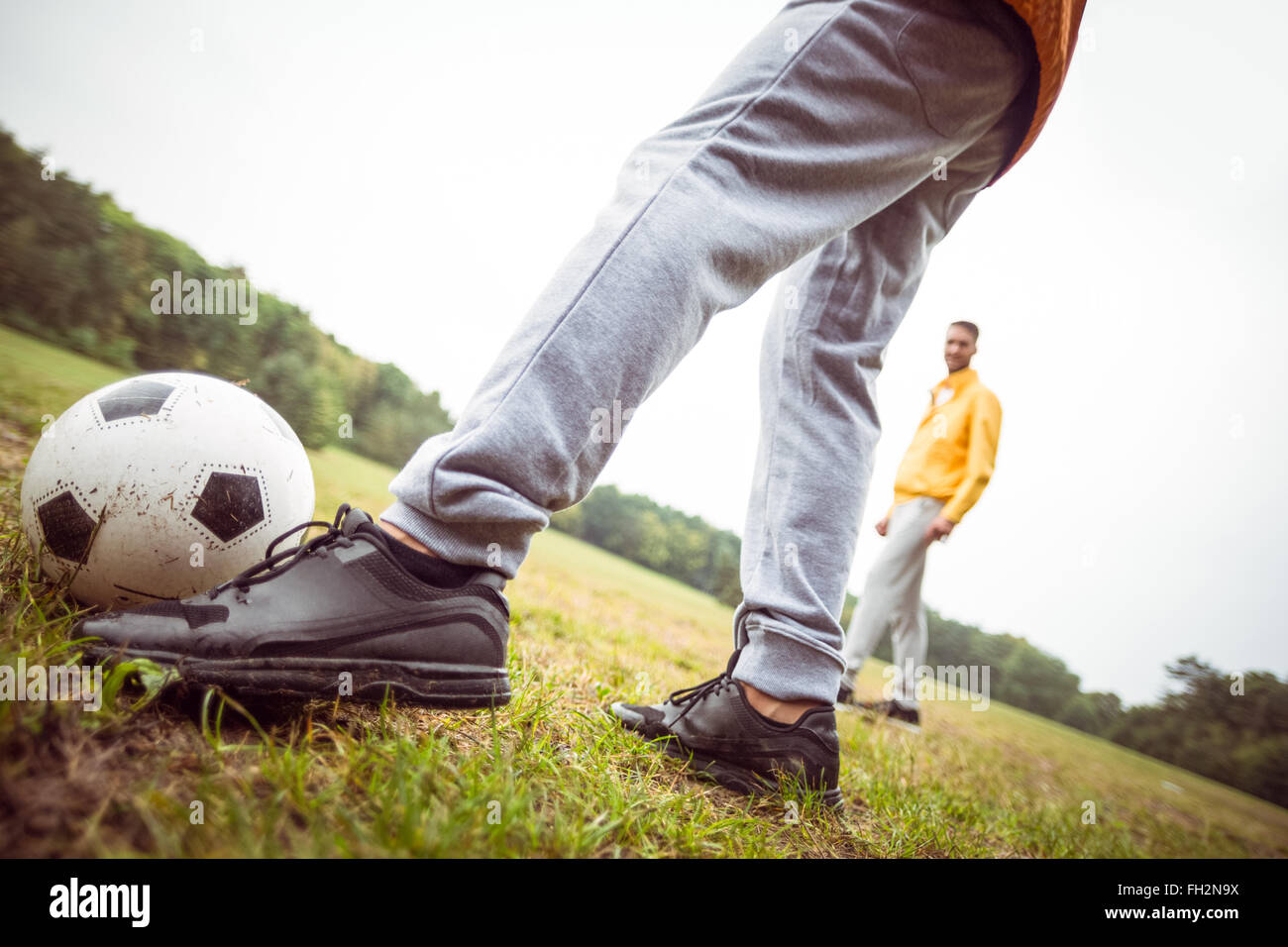Friends playing football in the park Stock Photo - Alamy