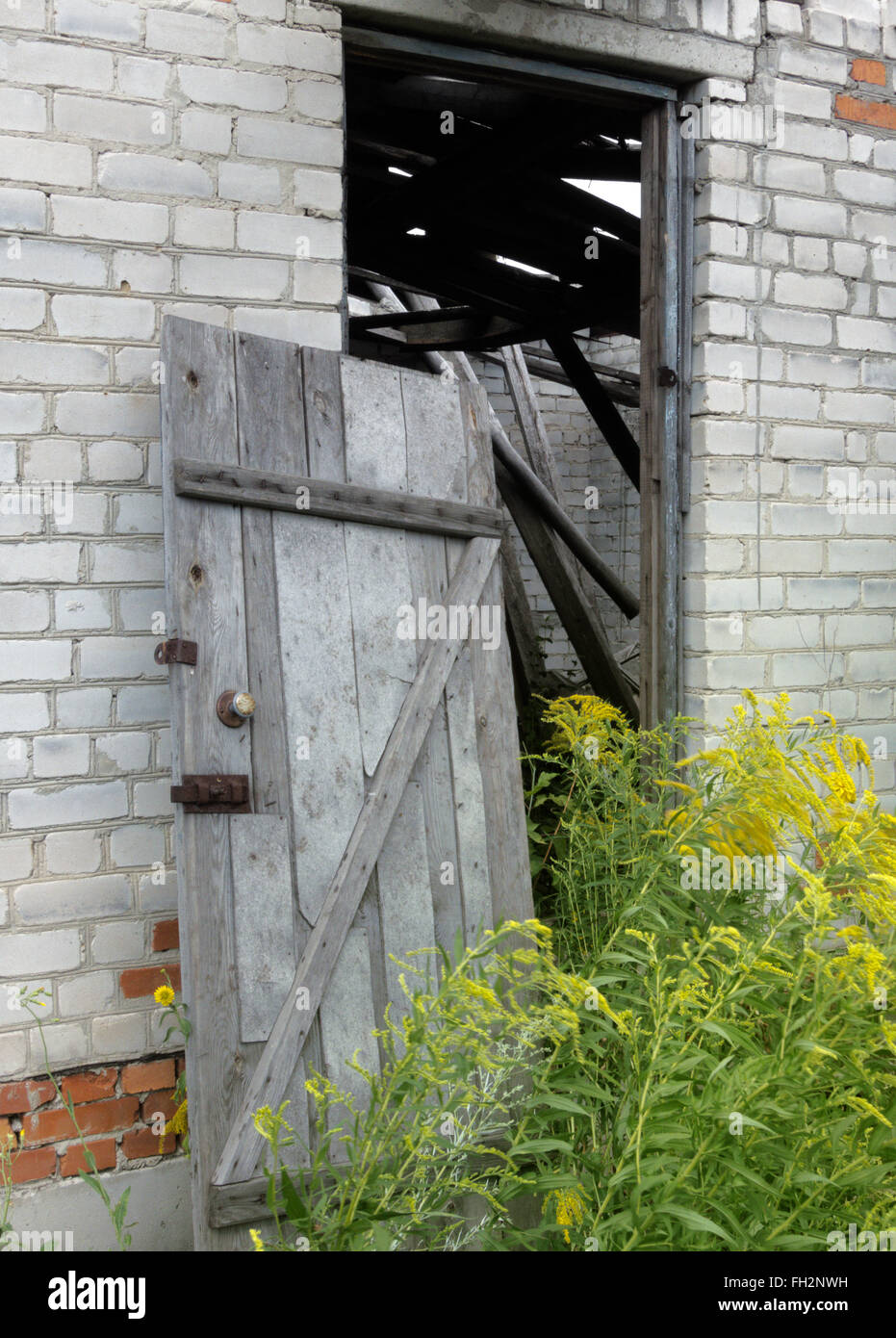 A wooden door, taken from its hinges in a destroyed farmhouse Stock ...