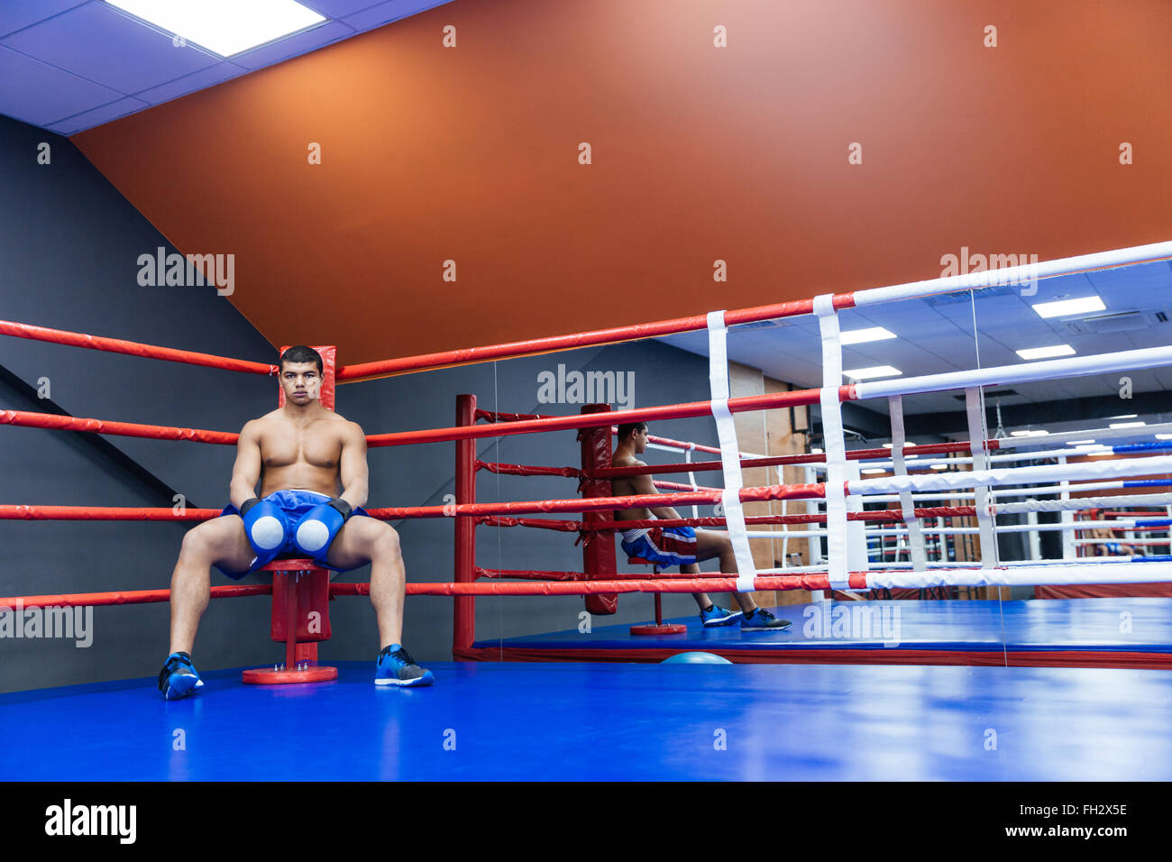 Male boxer sitting in the corner of the boxing ring and looking at ...