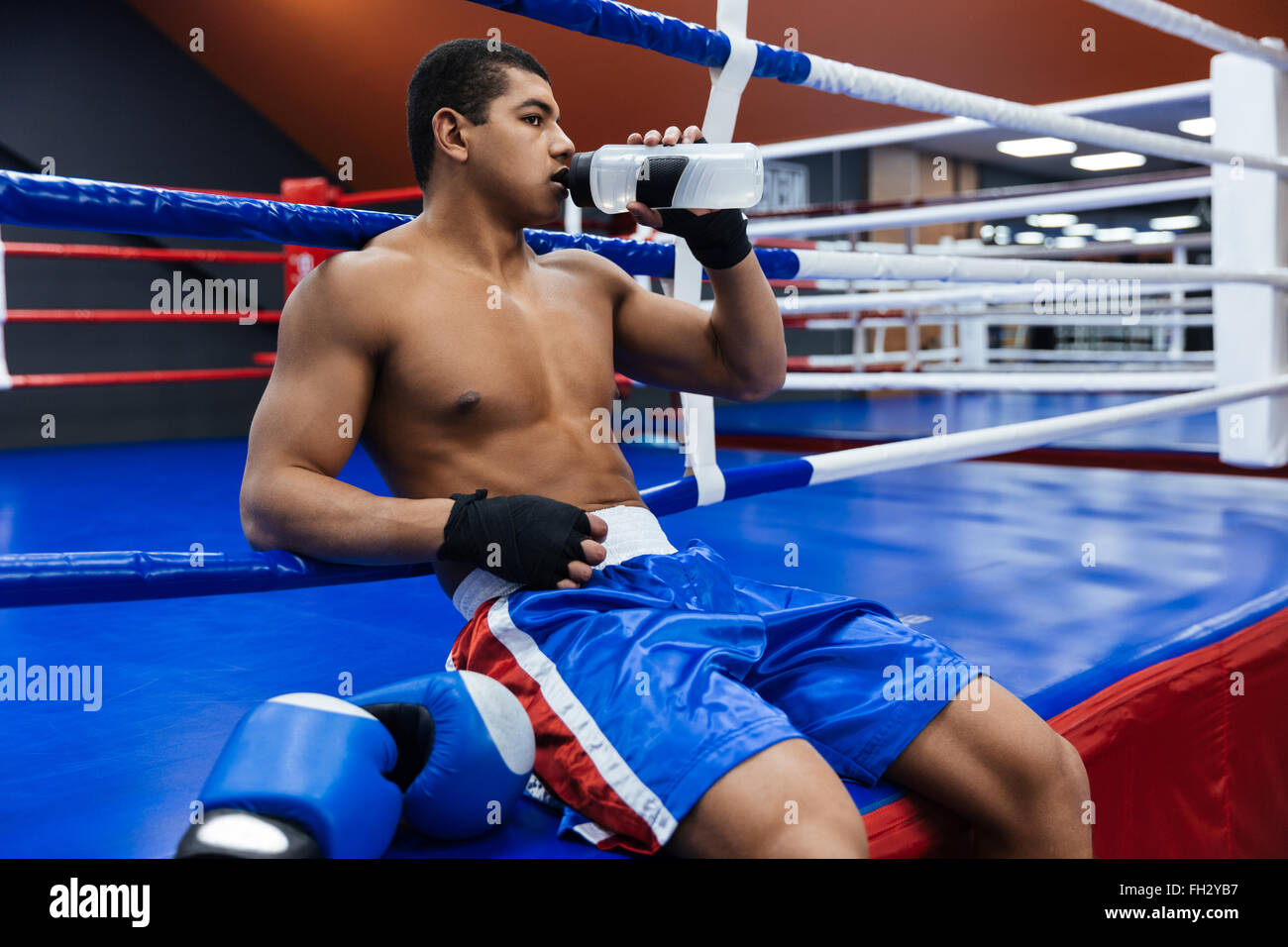 Male boxer leaning on boxing ring and drinking water Stock Photo - Alamy