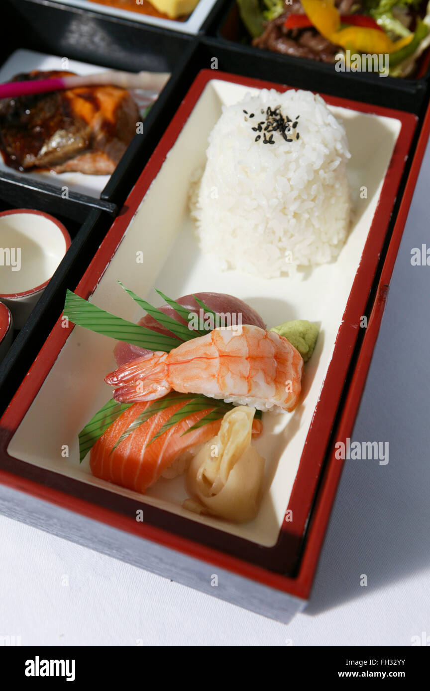 Detail of a Japanese Bento Box, full of perfect japanese food including ...
