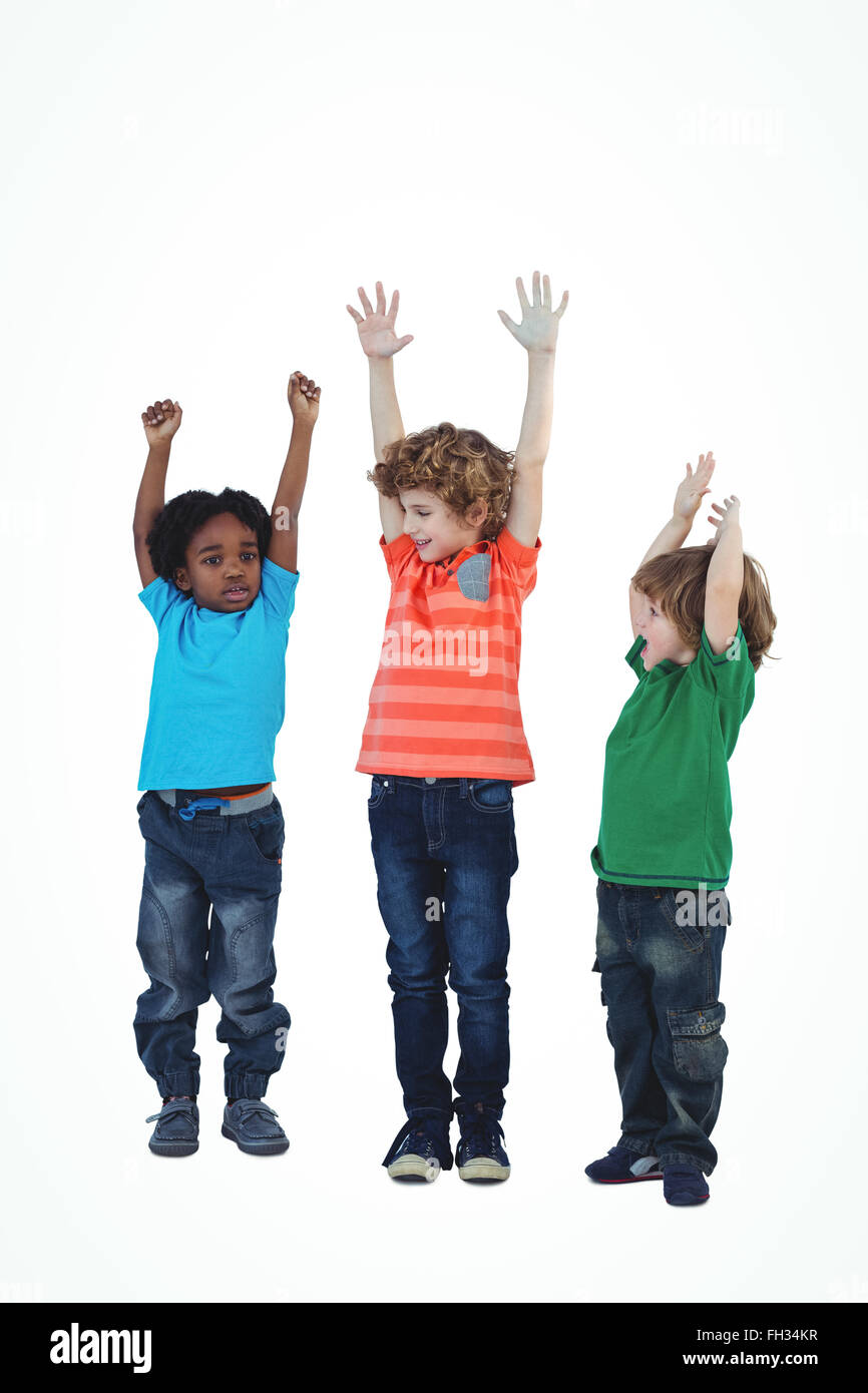 A row of children standing together with raised arms Stock Photo - Alamy