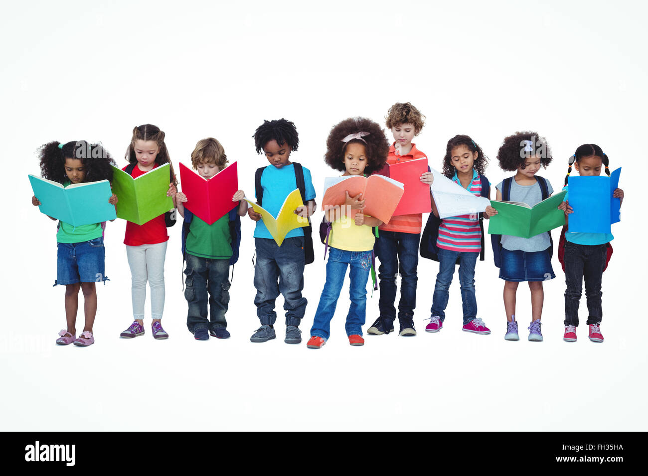 A row of children standing together reading books Stock Photo - Alamy