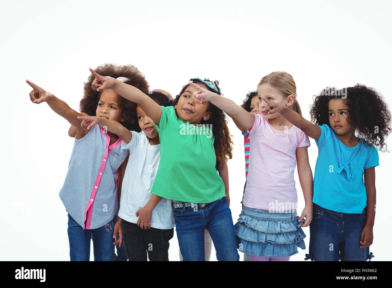 Line of girls standing with hands pointing up Stock Photo - Alamy