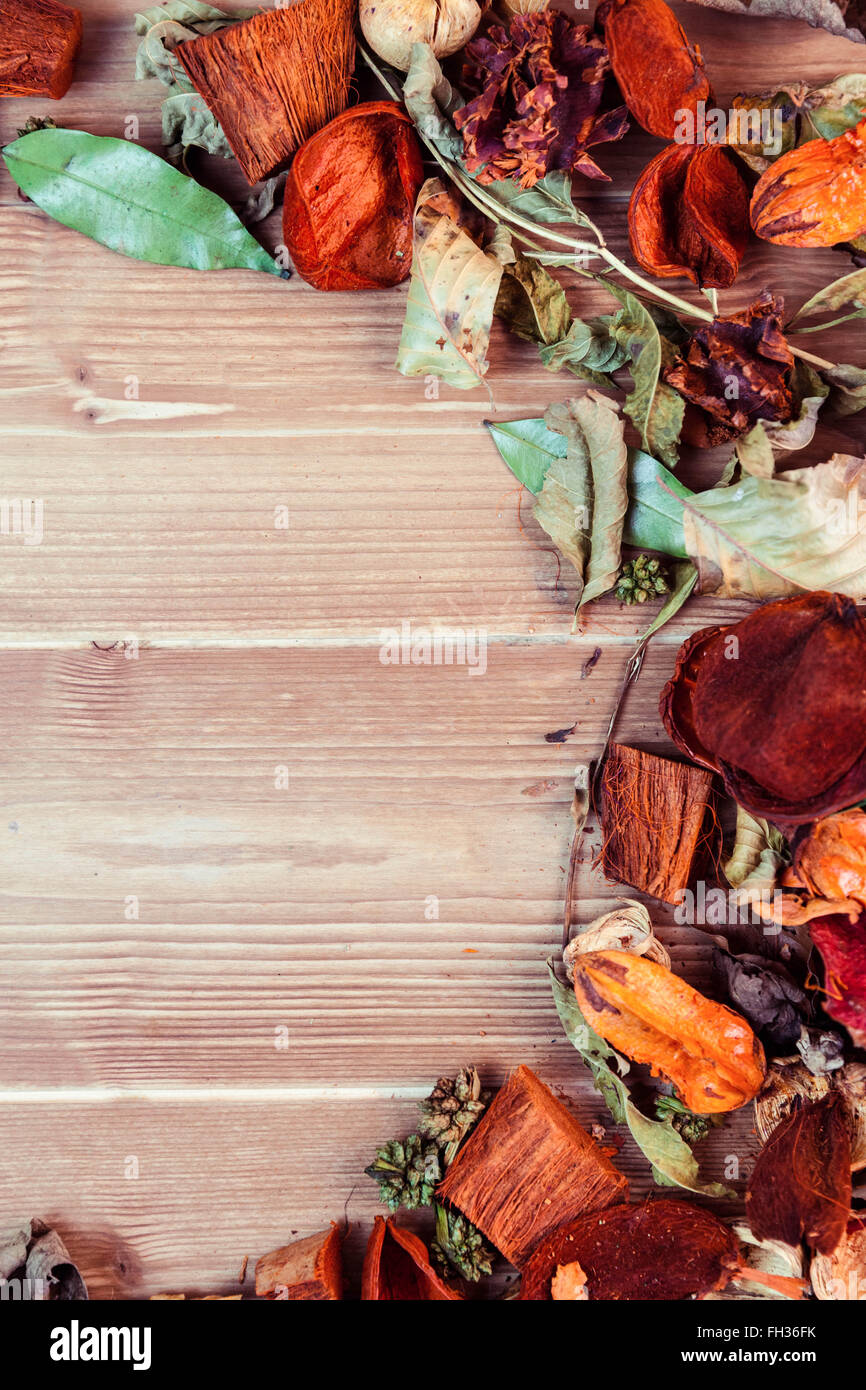 Overhead of autumn leaves on desk Stock Photo - Alamy