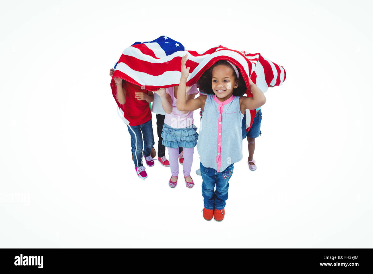 Girls standing with american flag overhead Stock Photo - Alamy