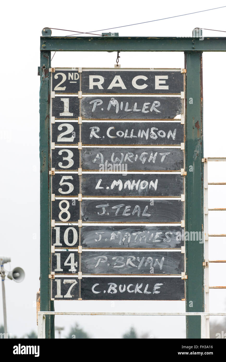 Signboard showing the runners and riders in a point to point horse race ...