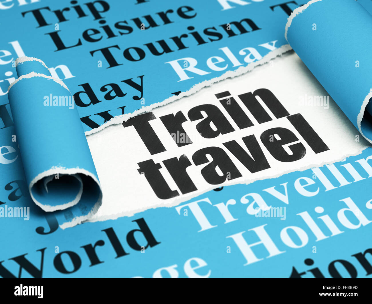 Vacation concept: black text Train Travel under the piece of torn paper ...