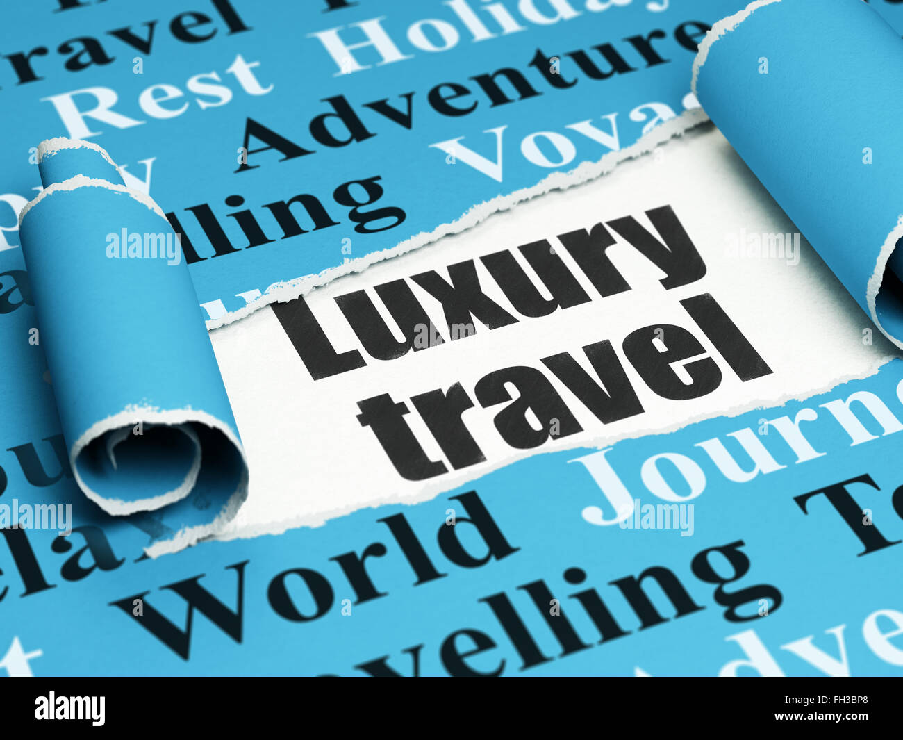 Tourism concept: black text Luxury Travel under the piece of torn paper ...