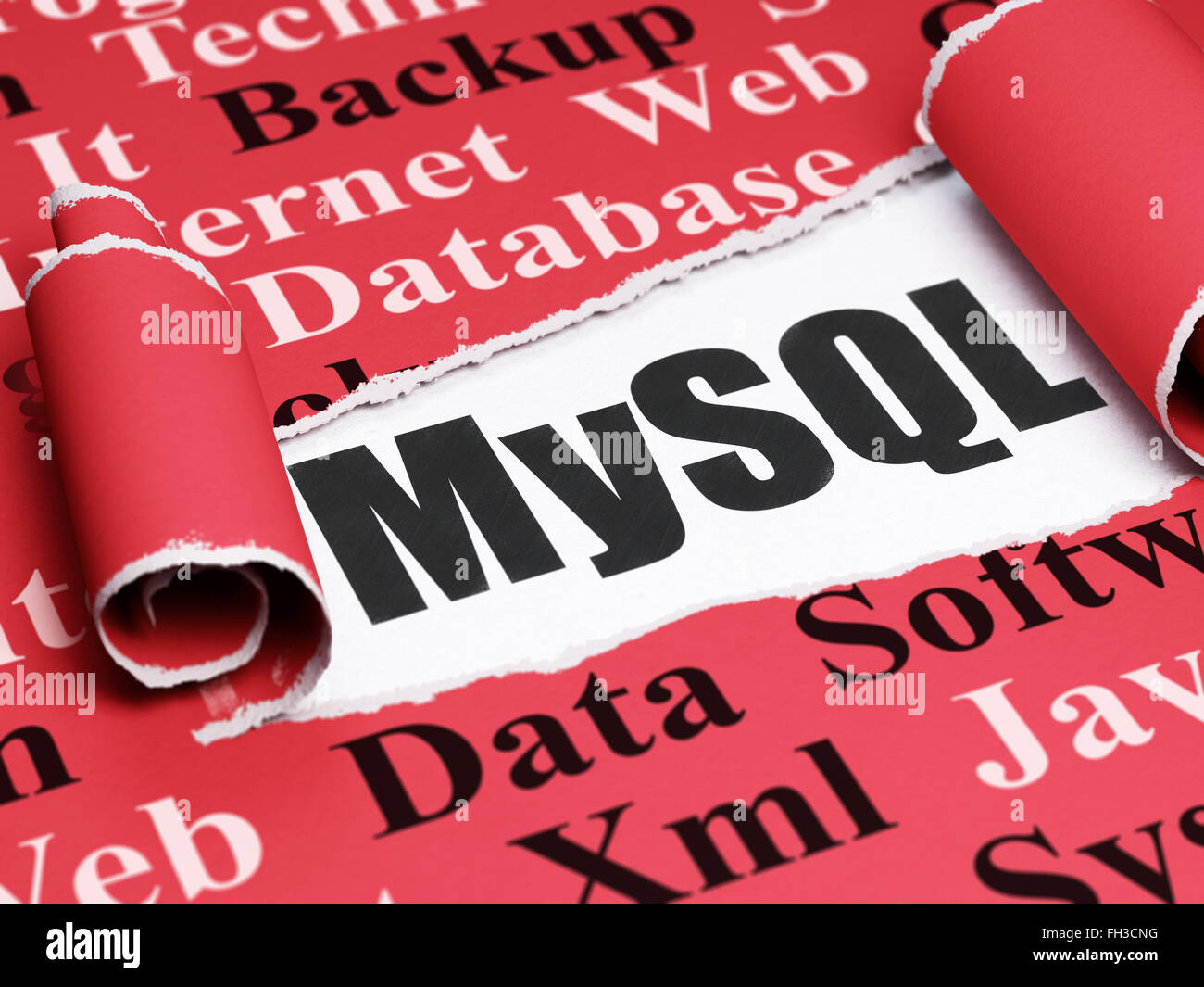 Programming concept: black text MySQL under the piece of torn paper ...
