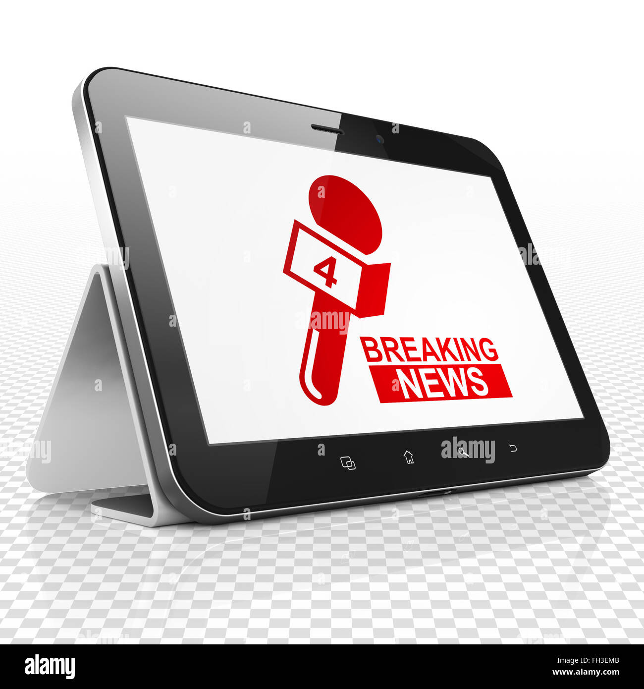 News concept: Tablet Computer with Breaking News And Microphone on ...