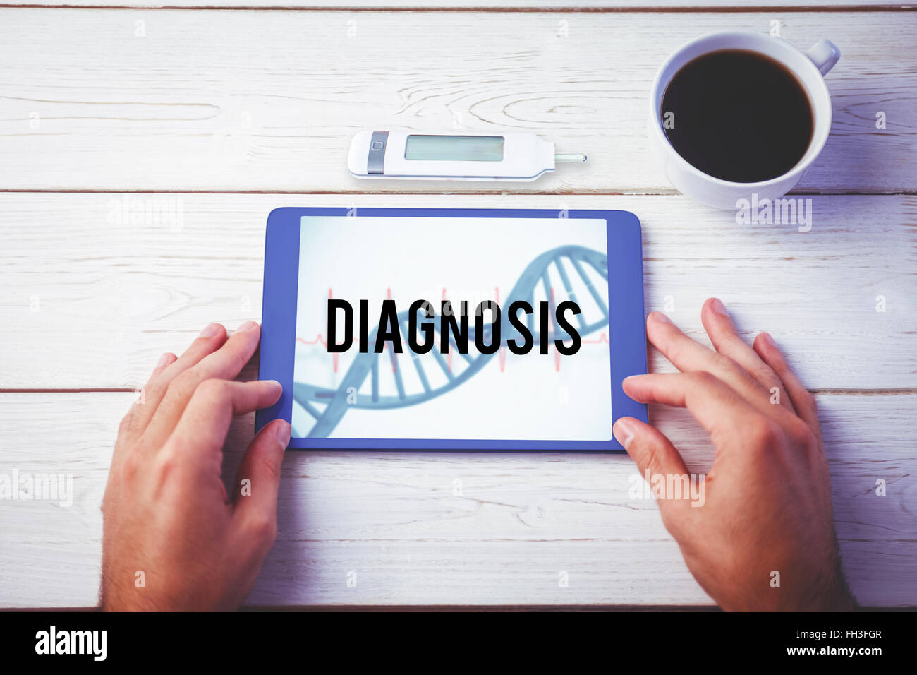 Diagnosis against blue medical background with dna and ecg Stock Photo ...