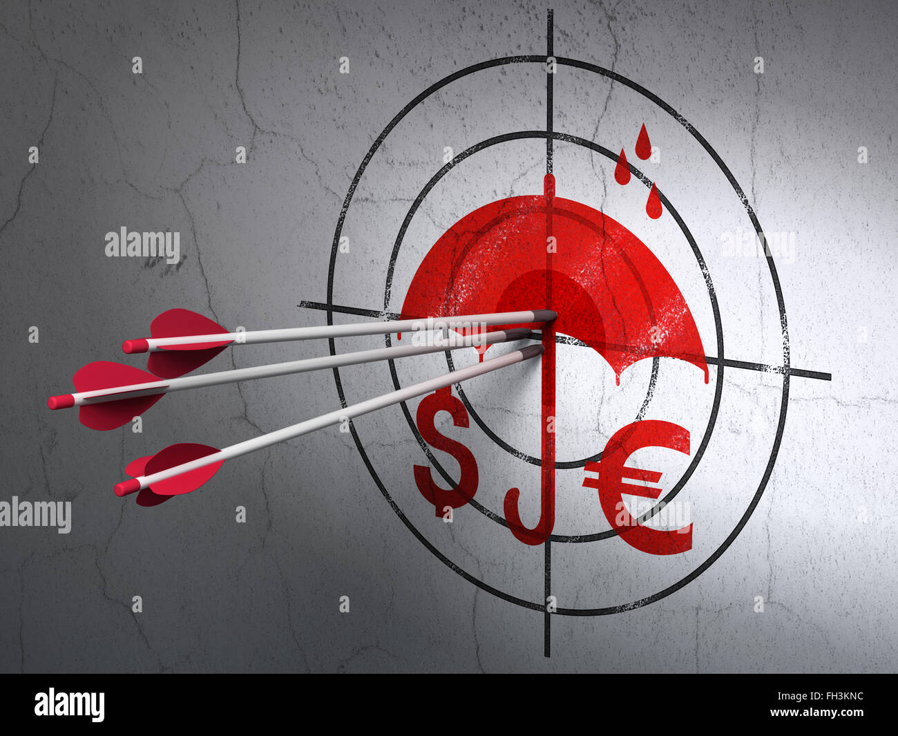Protection concept: arrows in Money And Umbrella target on wall ...