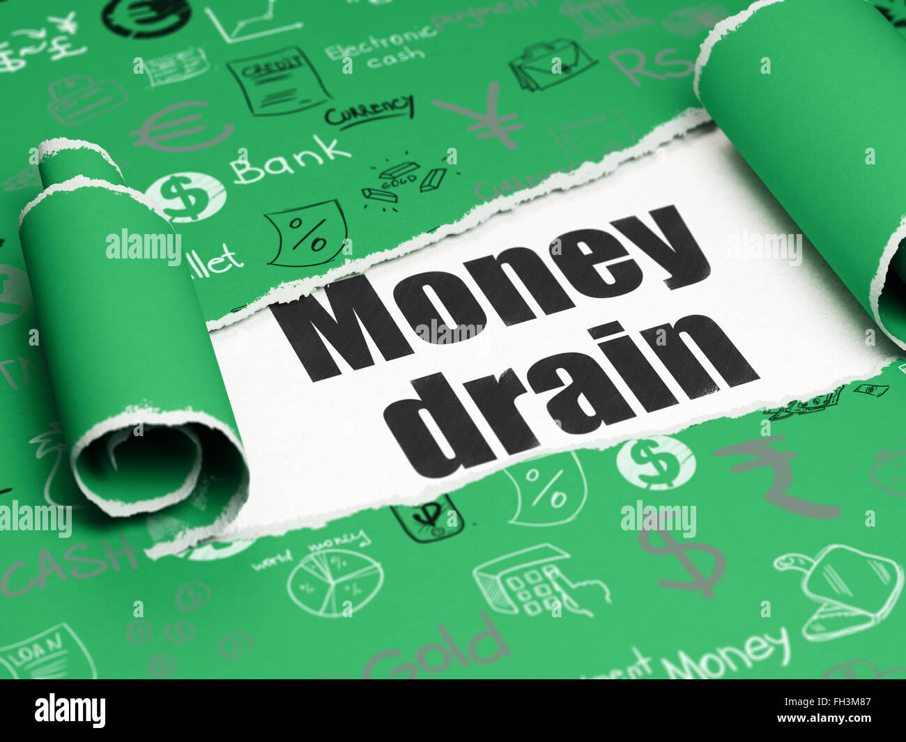 Banking concept: black text Money Drain under the piece of torn paper ...