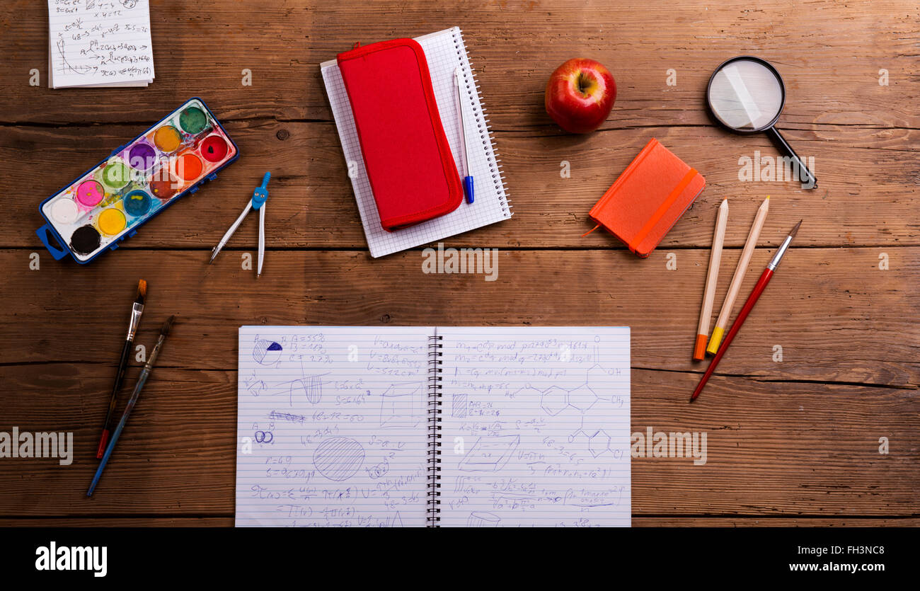 Various school and art supplies, wooden desk, flat lay Stock Photo - Alamy