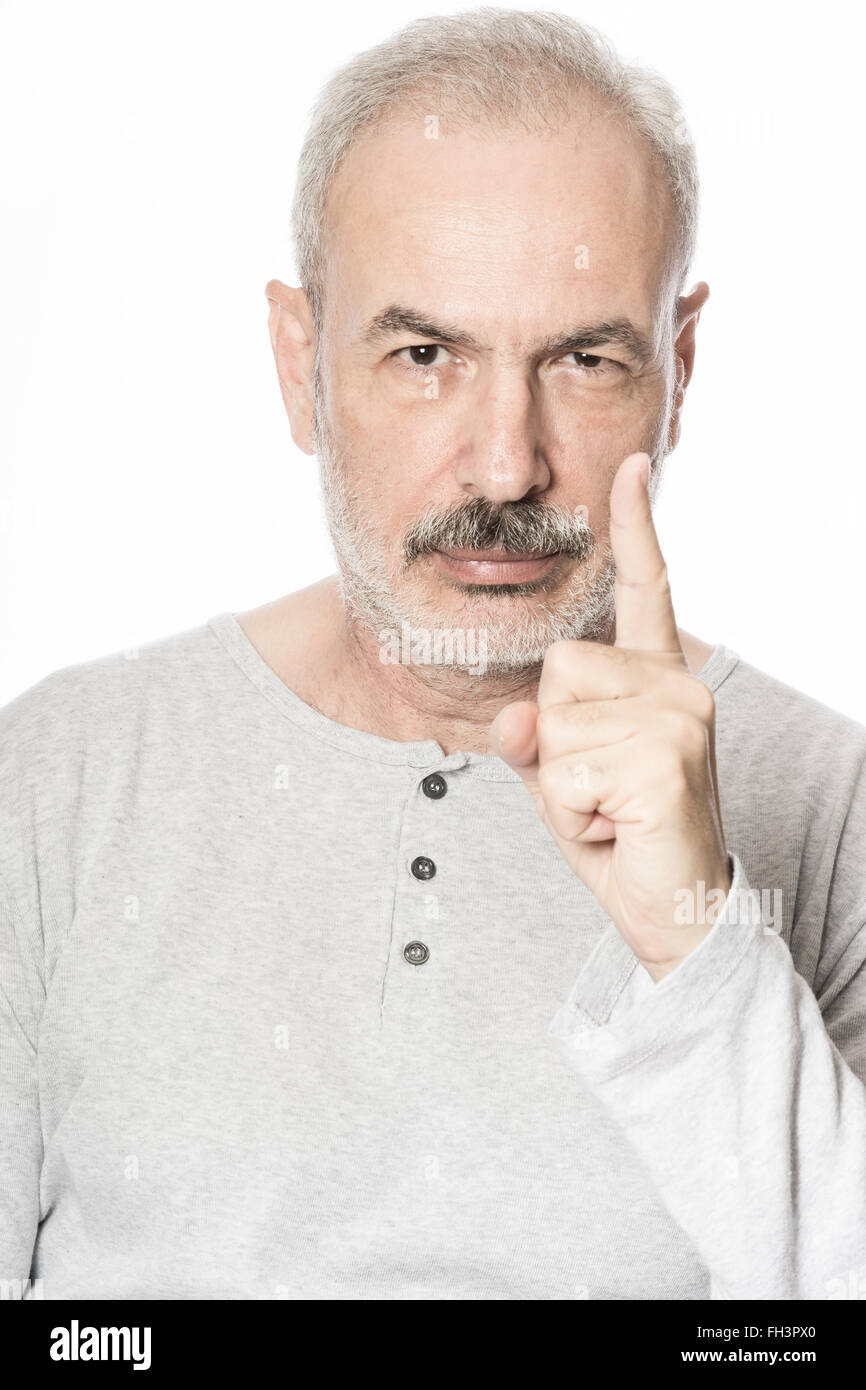 Angry Old Man Pointing Something on White Background Stock Photo - Alamy