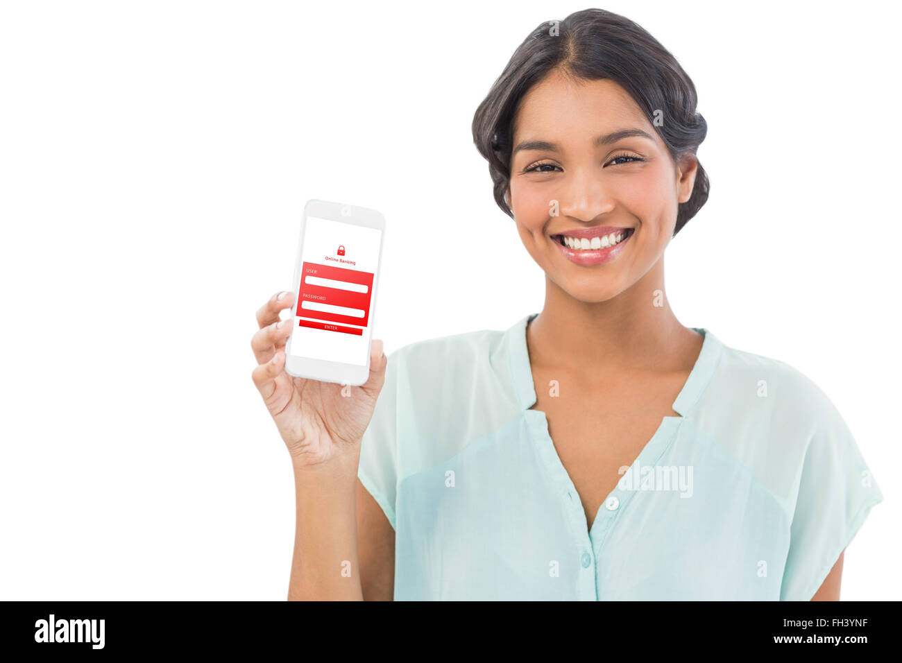 Composite image of businesswoman showing mobile phone over white ...