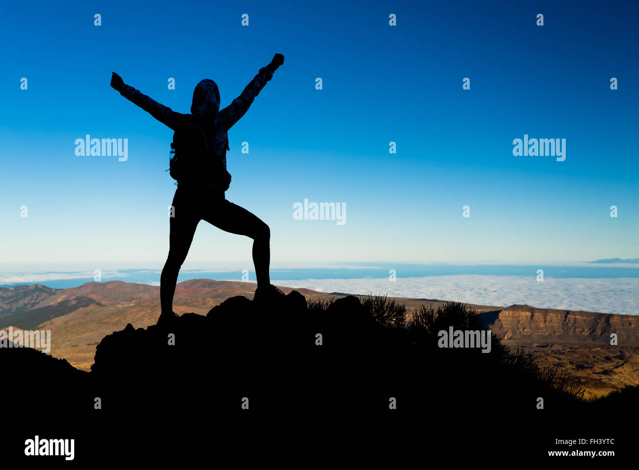 Woman successful hiking climbing silhouette in mountains, motivation ...