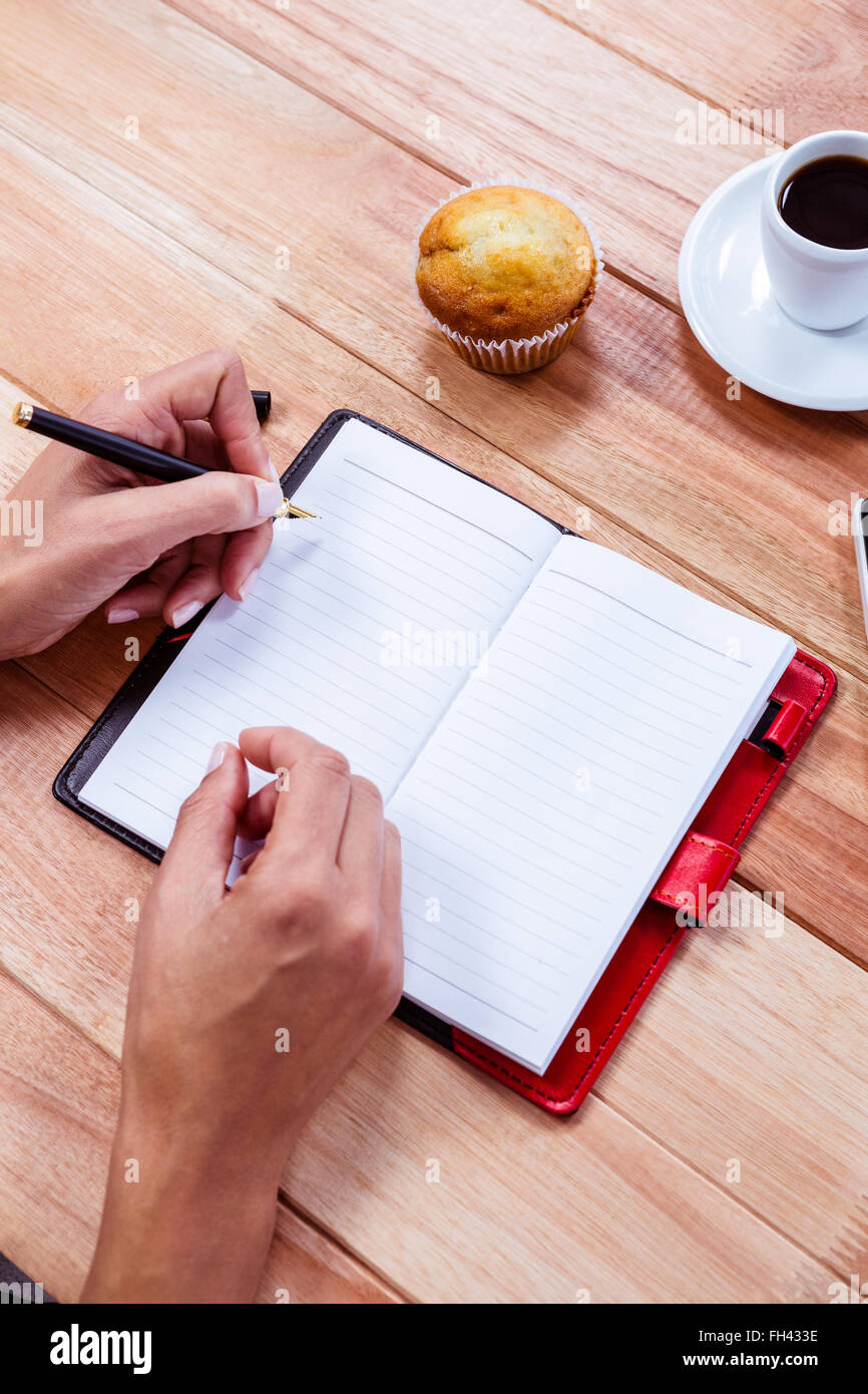 Overhead of feminine hands writing on agenda Stock Photo - Alamy