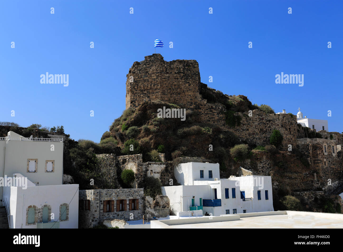 Summer, Mandraki Castle, Mandraki town, the capital of Nisyros volcanic ...