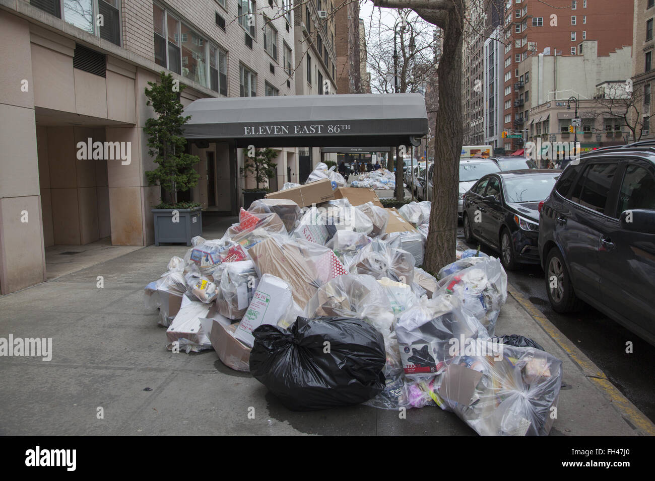Garbage to be recycled along 86th Street on the East Side of Manhattan ...