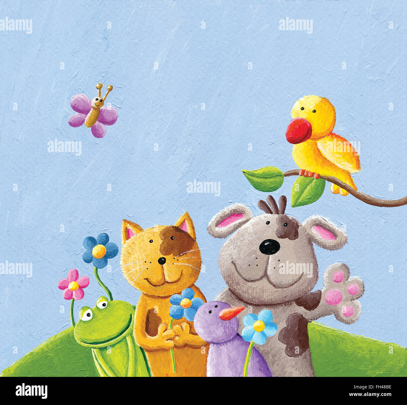 Acrylic illustration of happy animals; cat, dog. frog, bird and ...